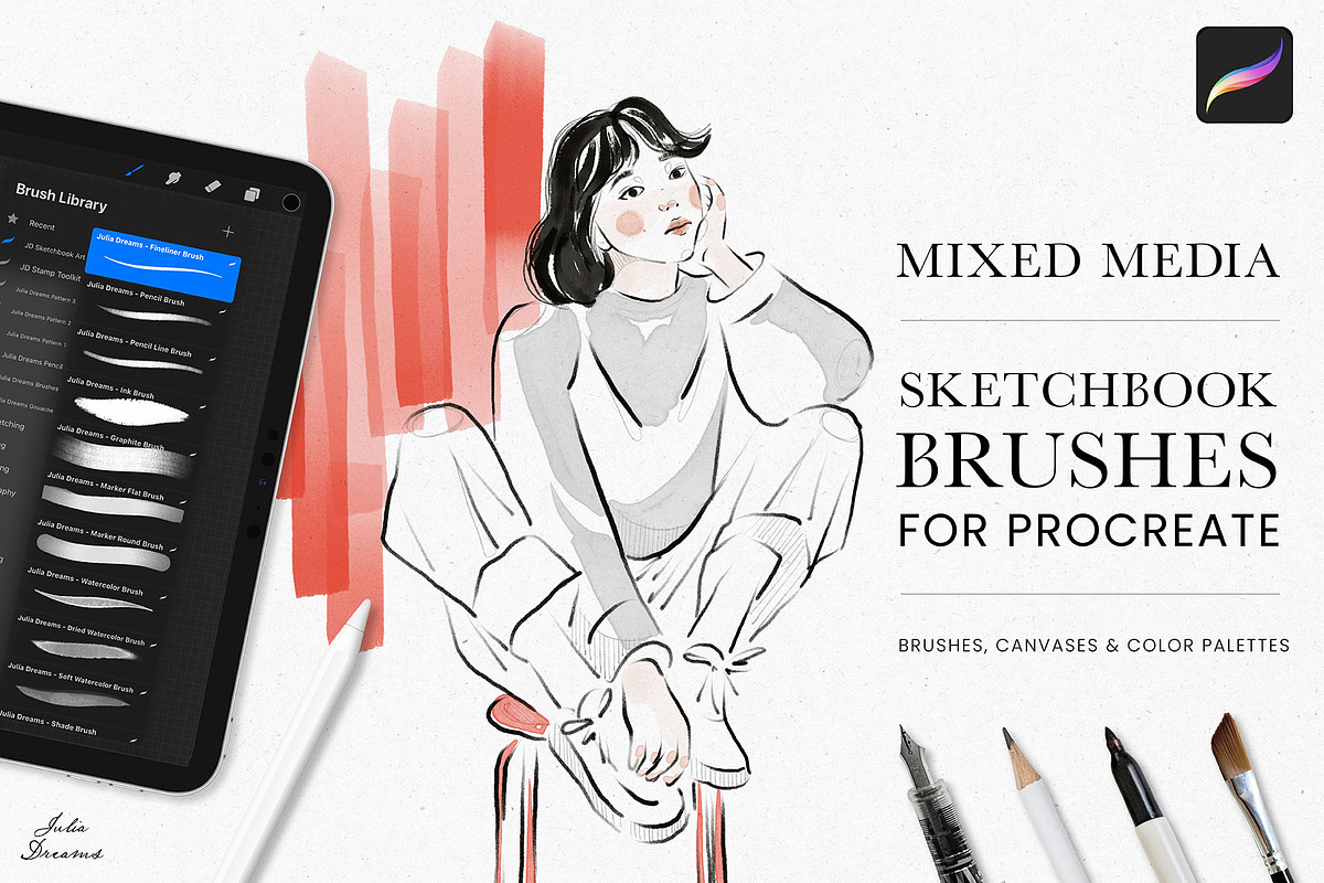 Sketchbook Procreate Brushes, a Brush Add-On by Julia Dreams | Creative Market