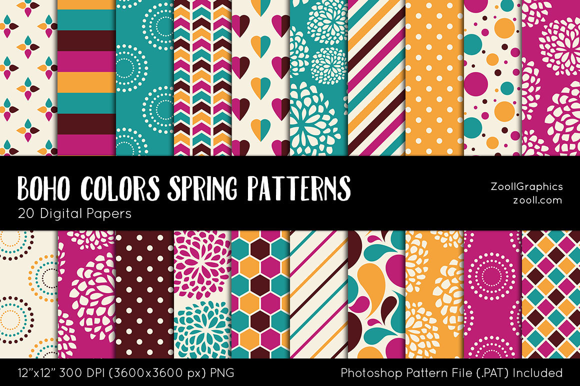 Boho Colors Spring Digital Papers, a Pattern Graphic by ZoollGraphics
