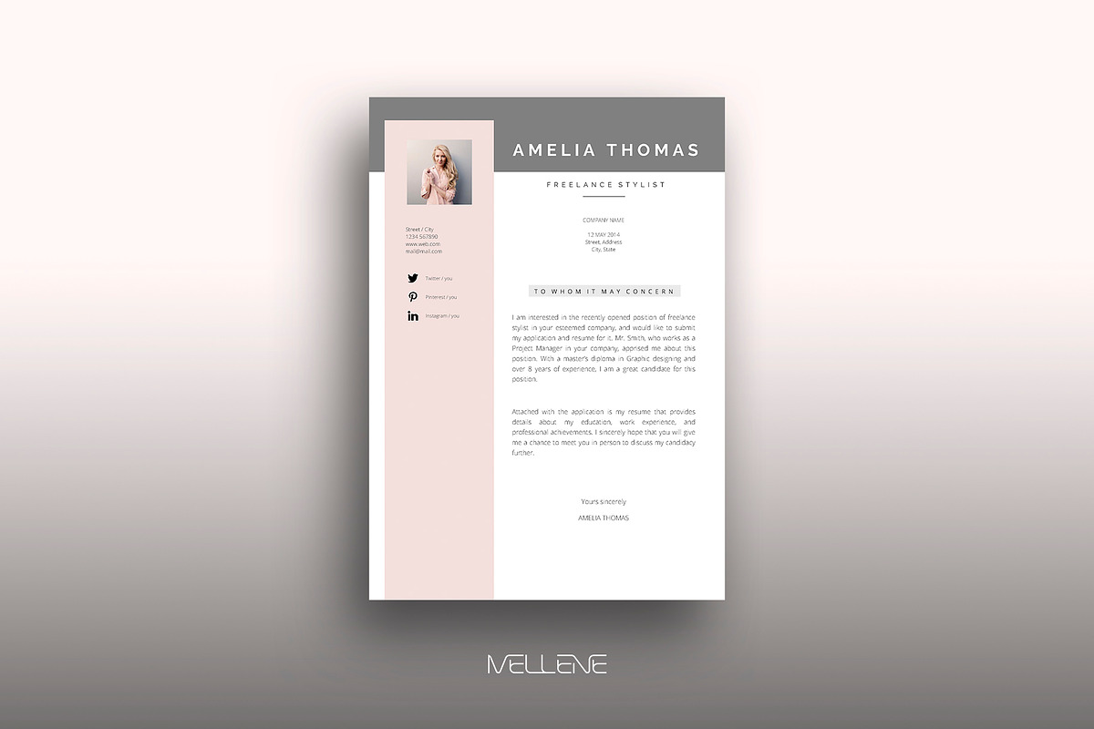 Resume / CV template - Amelia, a Resume Template by Mellene Templates