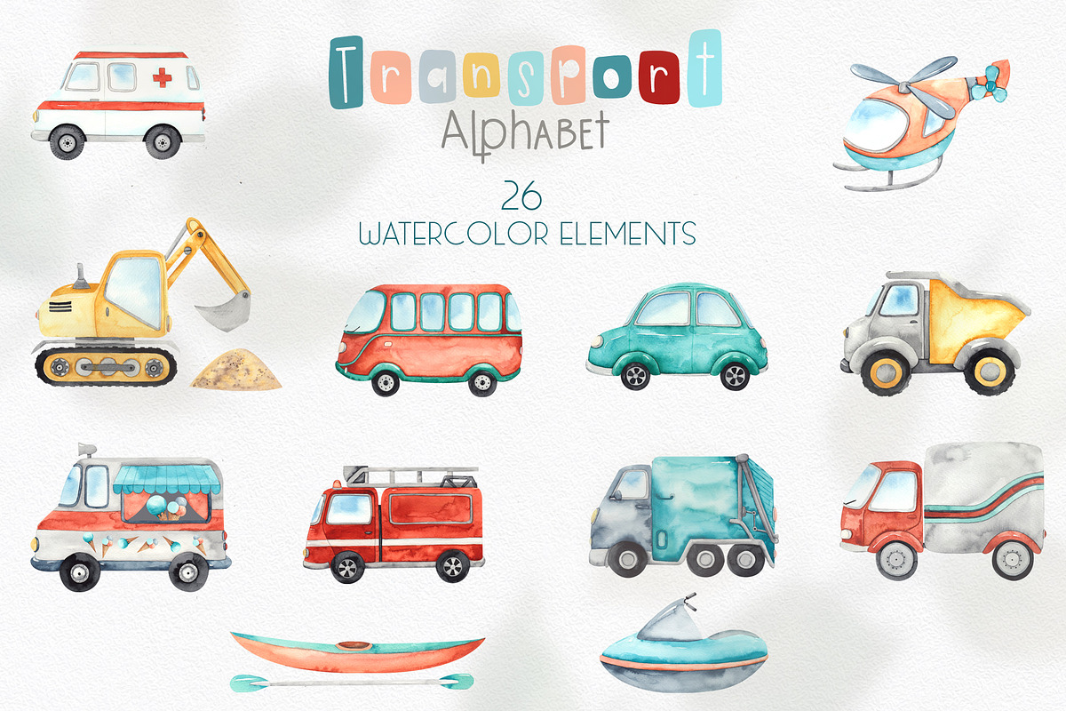 Watercolor Transport alphabet, an Object Graphic by Ana-Sakuta