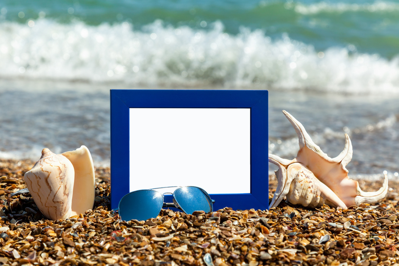 Photo frame on the beach photography on the beach sea shells stock ...