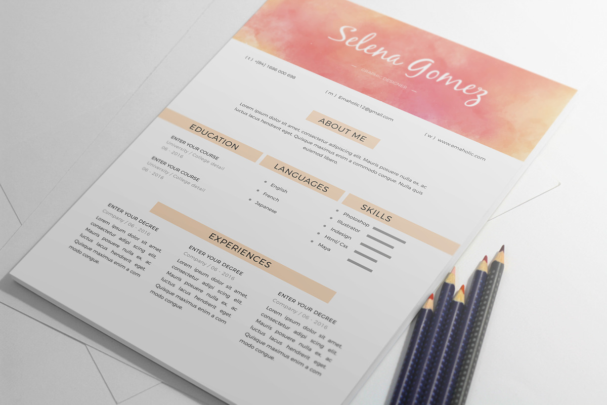 Watercolor Resume Template, a Resume Template by Emaholic Template
