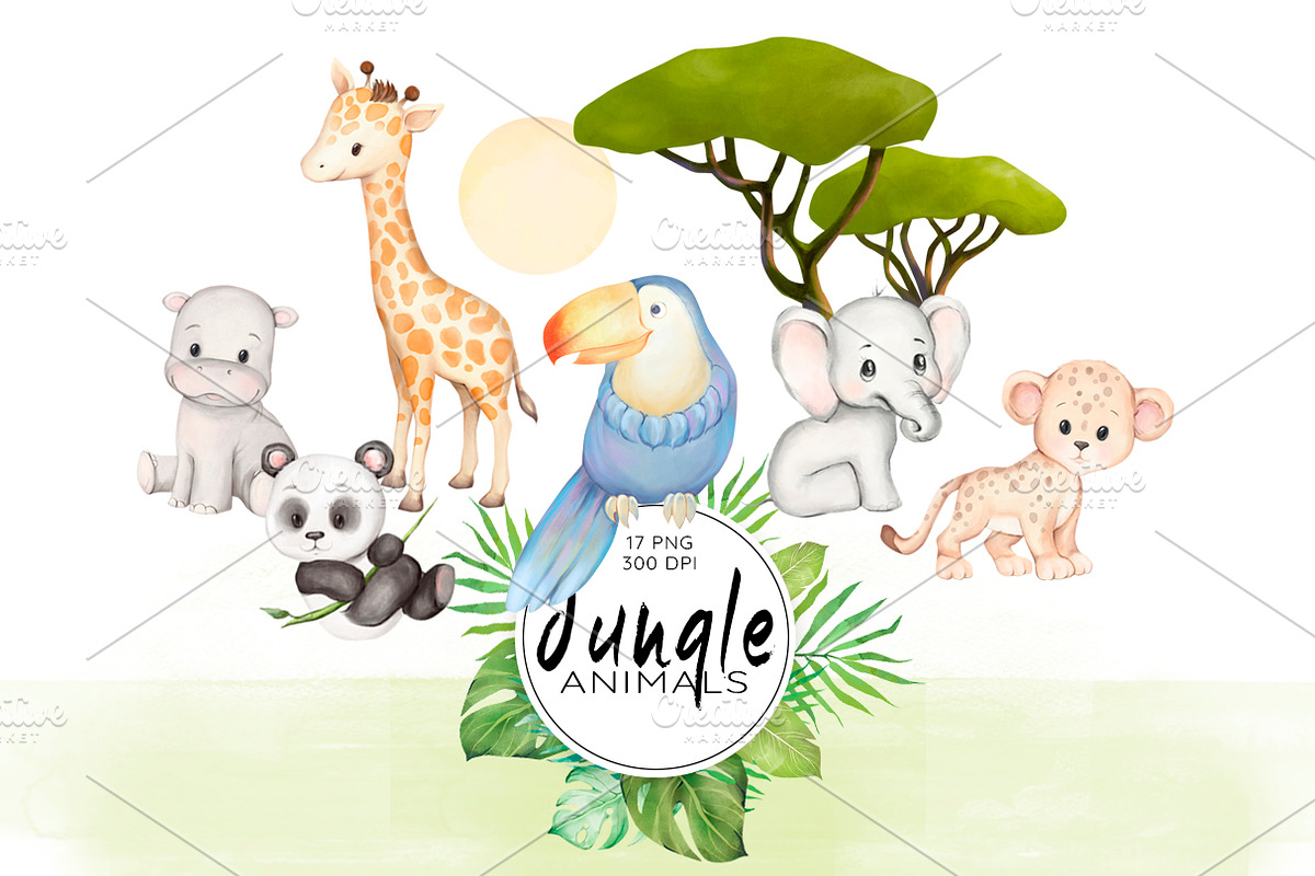 Jungle Animals Watercolor Clipart, an Animal Illustration by StudioBeeArt