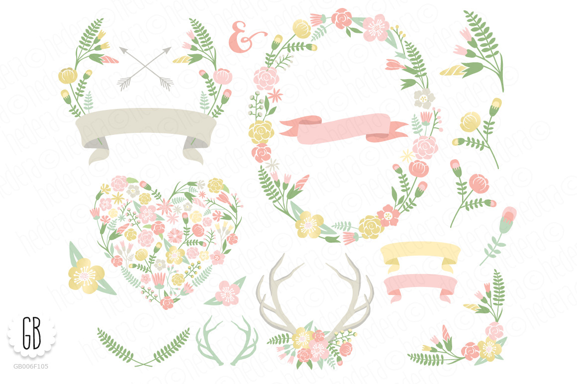 Flower wreaths pastel heart antlers, an Illustration by GrafikBoutique