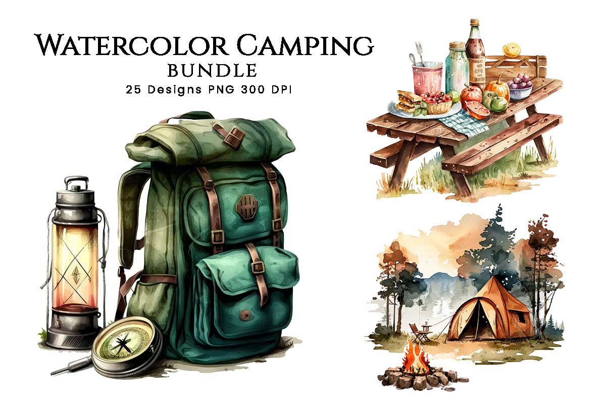 Watercolor Camping Clipart Bundle, a Person Illustration by Design Scotch