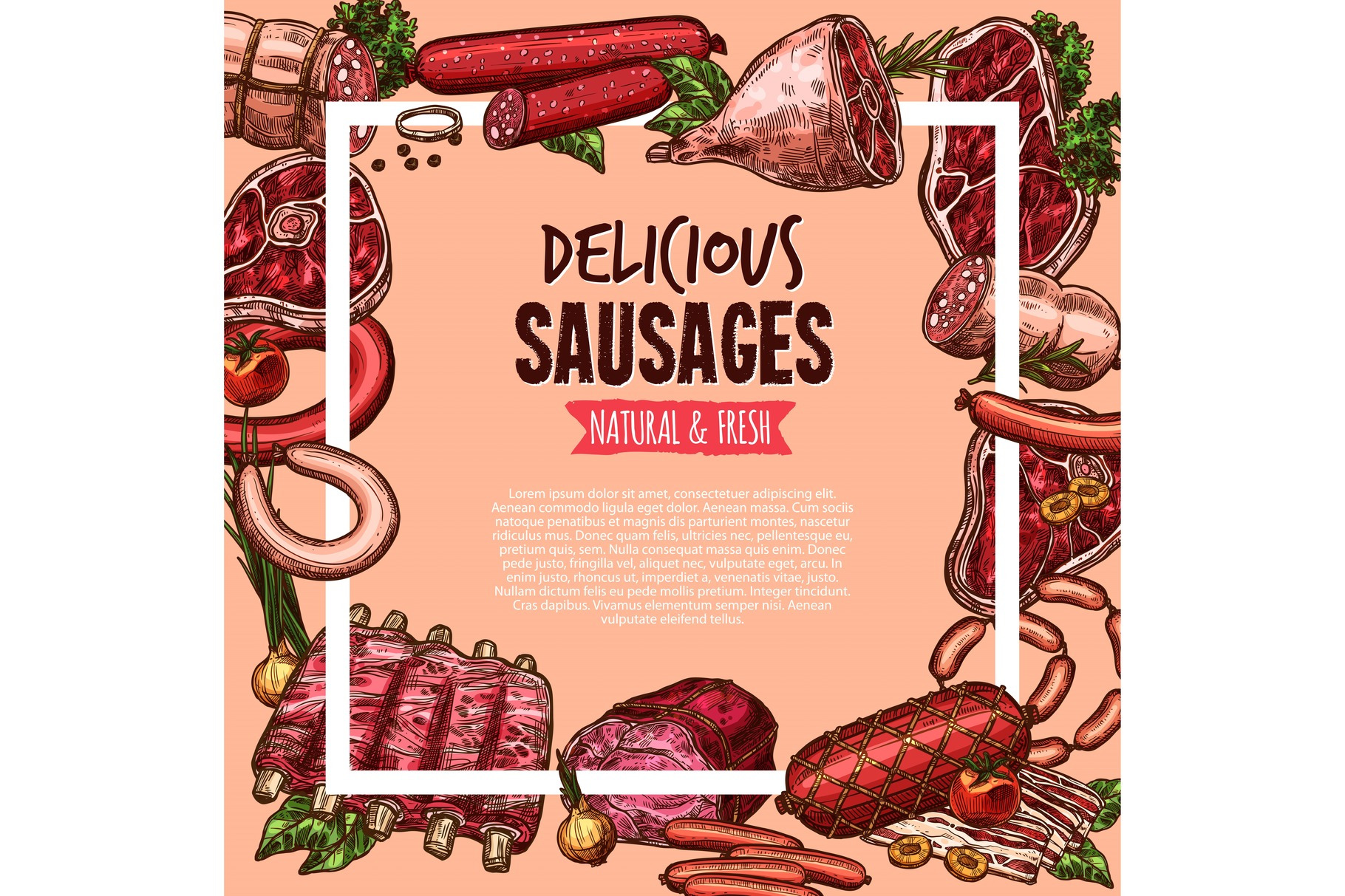 Meat, beef and pork sausage poster, food design, a Food Illustration by ...