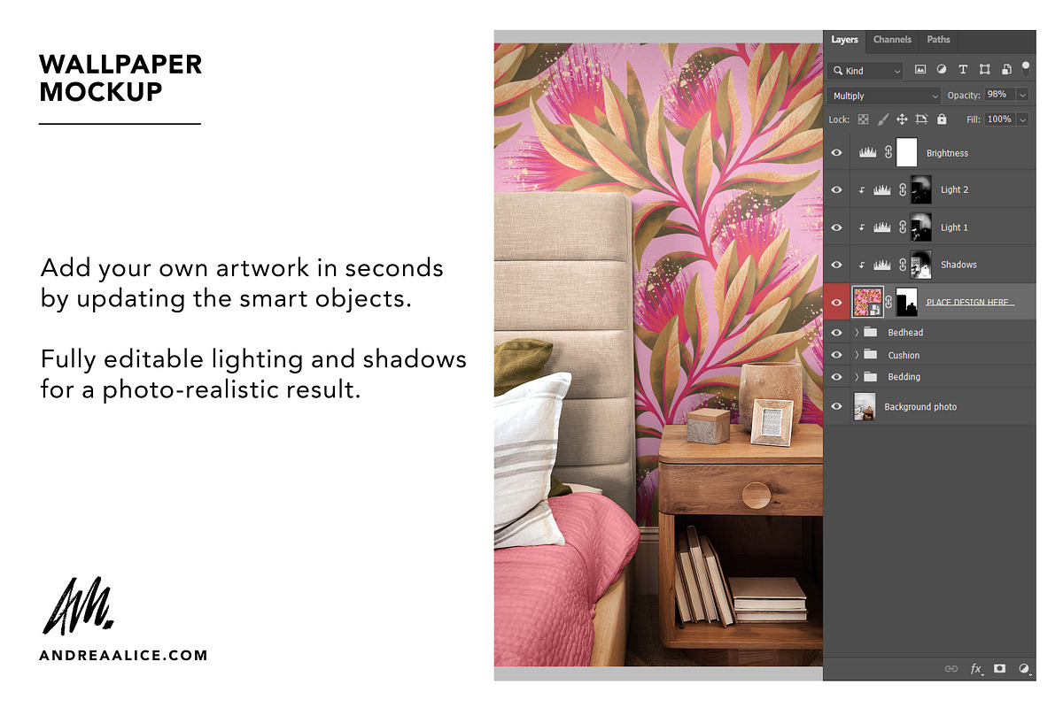 Wallpaper Mockup - Bedside 02, a Household Mockup by Andrea Muller