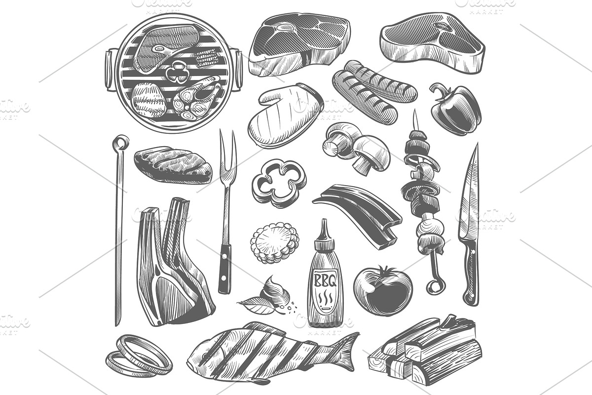 Sketch bbq. Hand drawn barbecue, a Food Illustration by YummyBuum