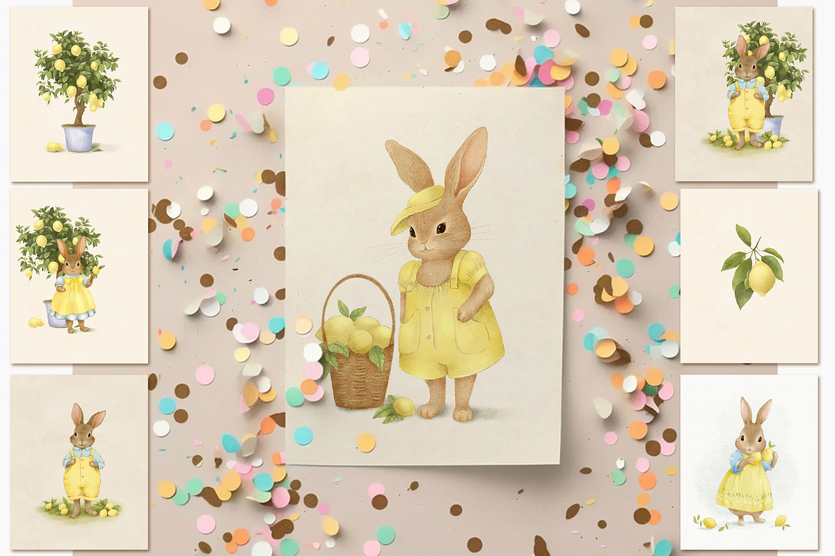 Lemon Bunny set clipart and pattern