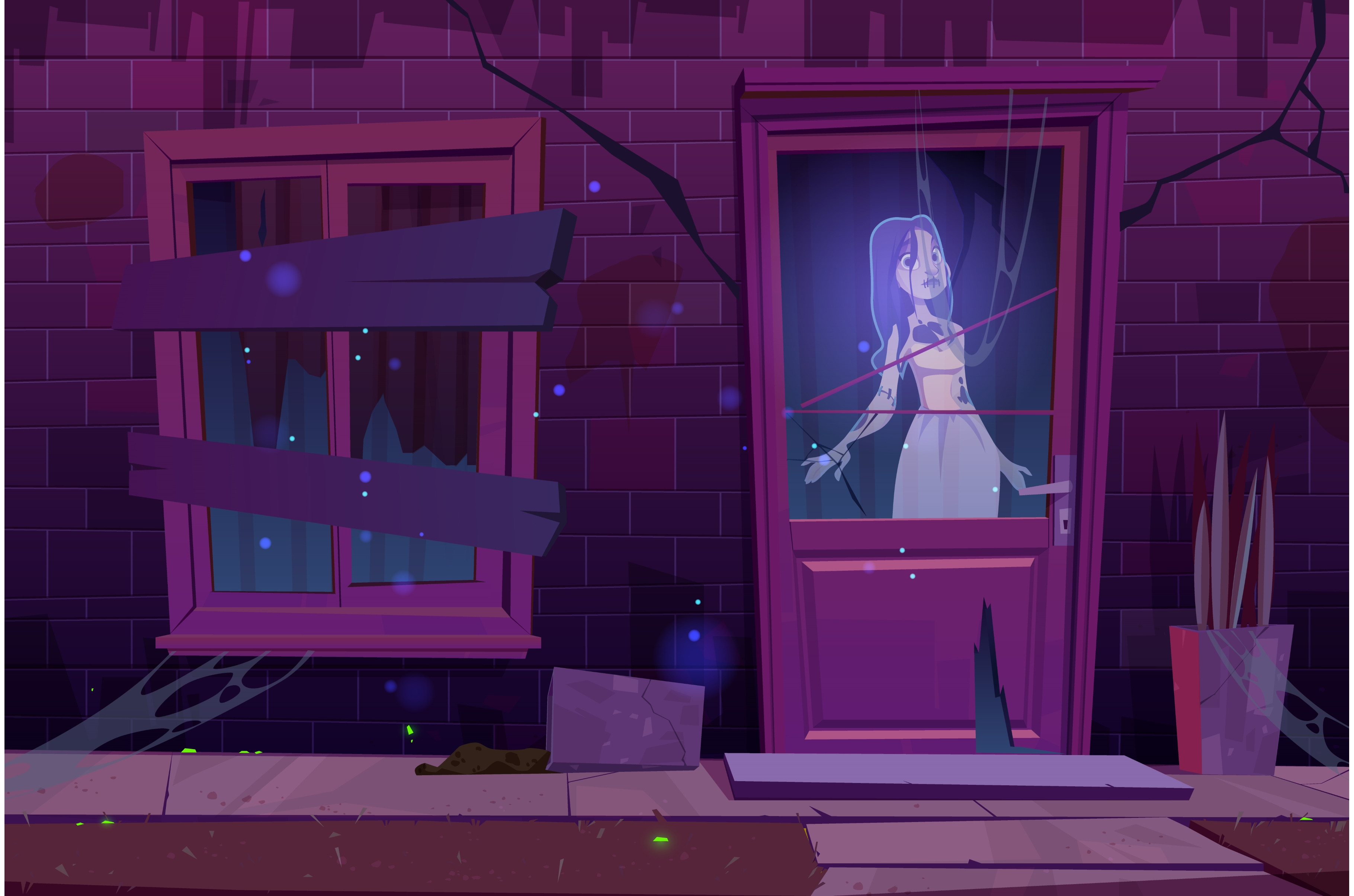 Haunted house with ghost stand, an Illustration by art PVP - market