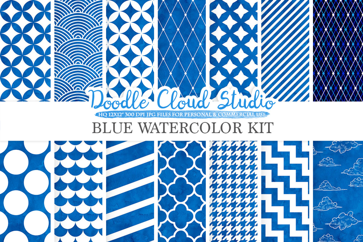Blue Watercolor digital paper, a Pattern Graphic by Doodle Cloud Studio ...