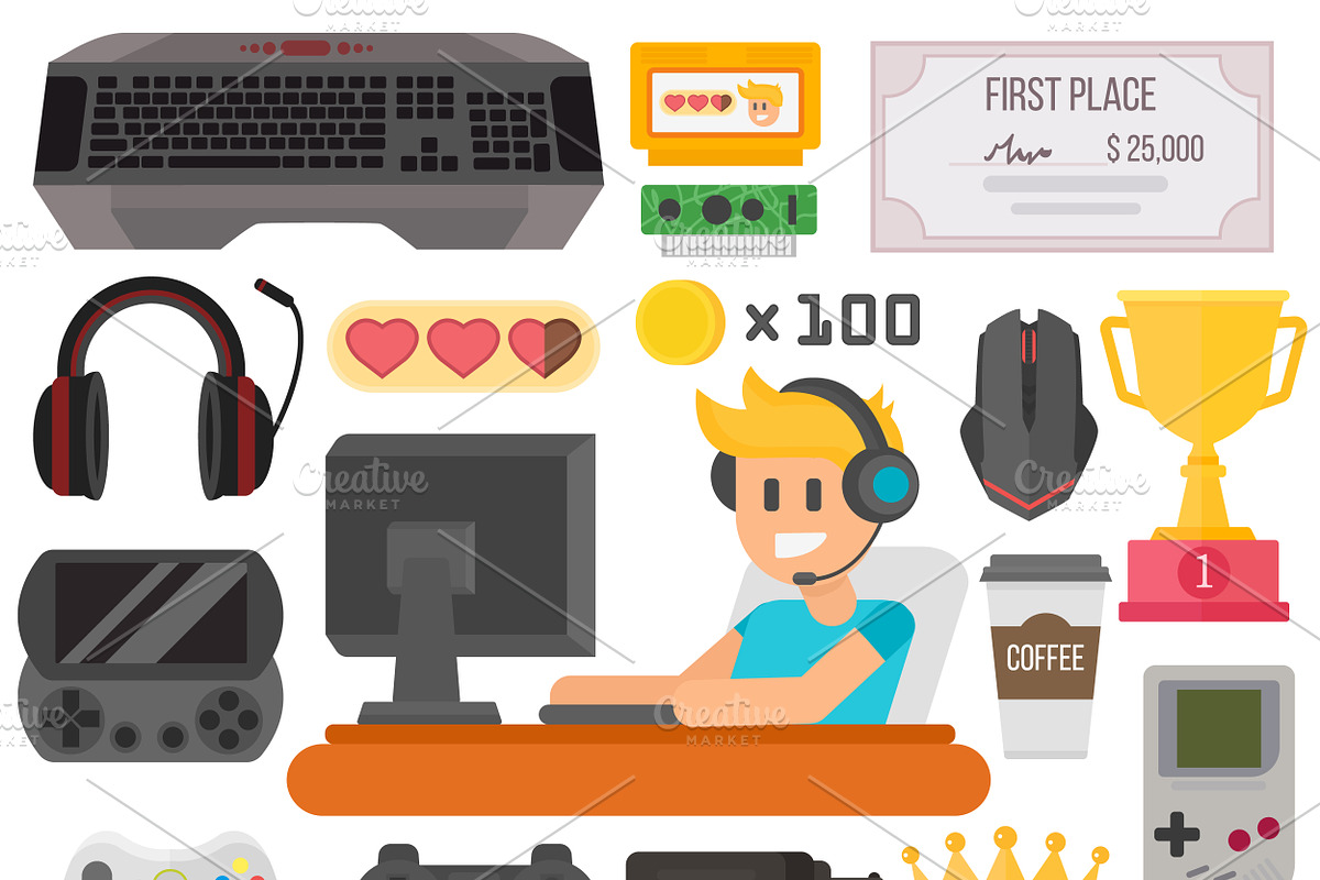 Flat design kiber gaming vector set, a Person Illustration by KitVector