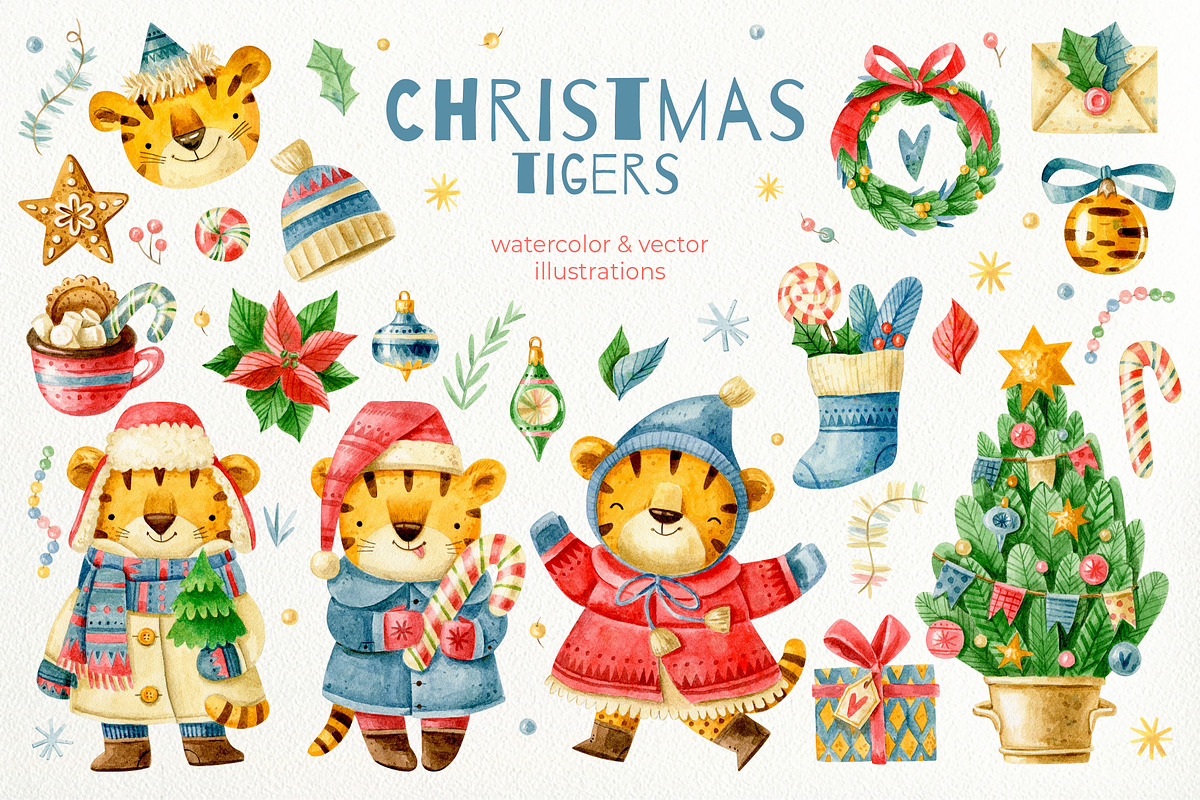 Christmas tigers. New Year cute set., an Animal Illustration by ...