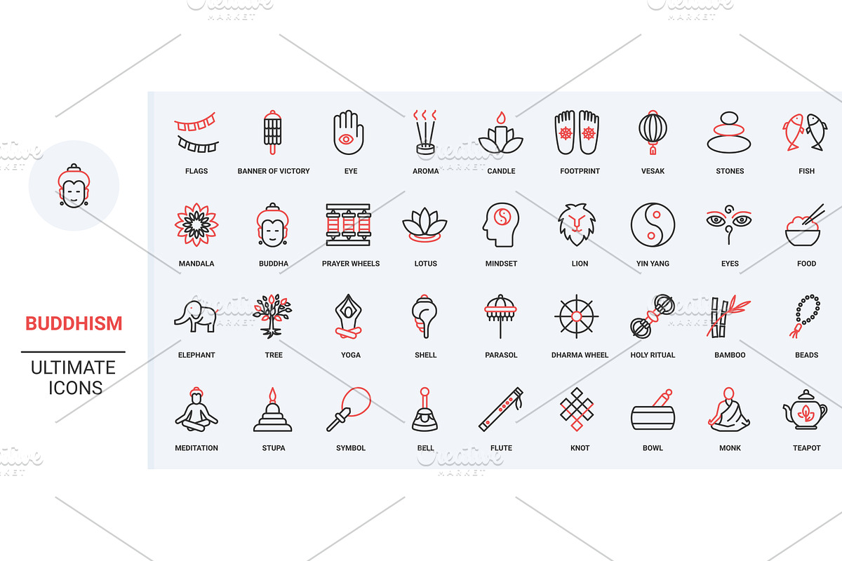 Buddhism buddhist symbols icons, an Object Illustration by Lemberg Vector