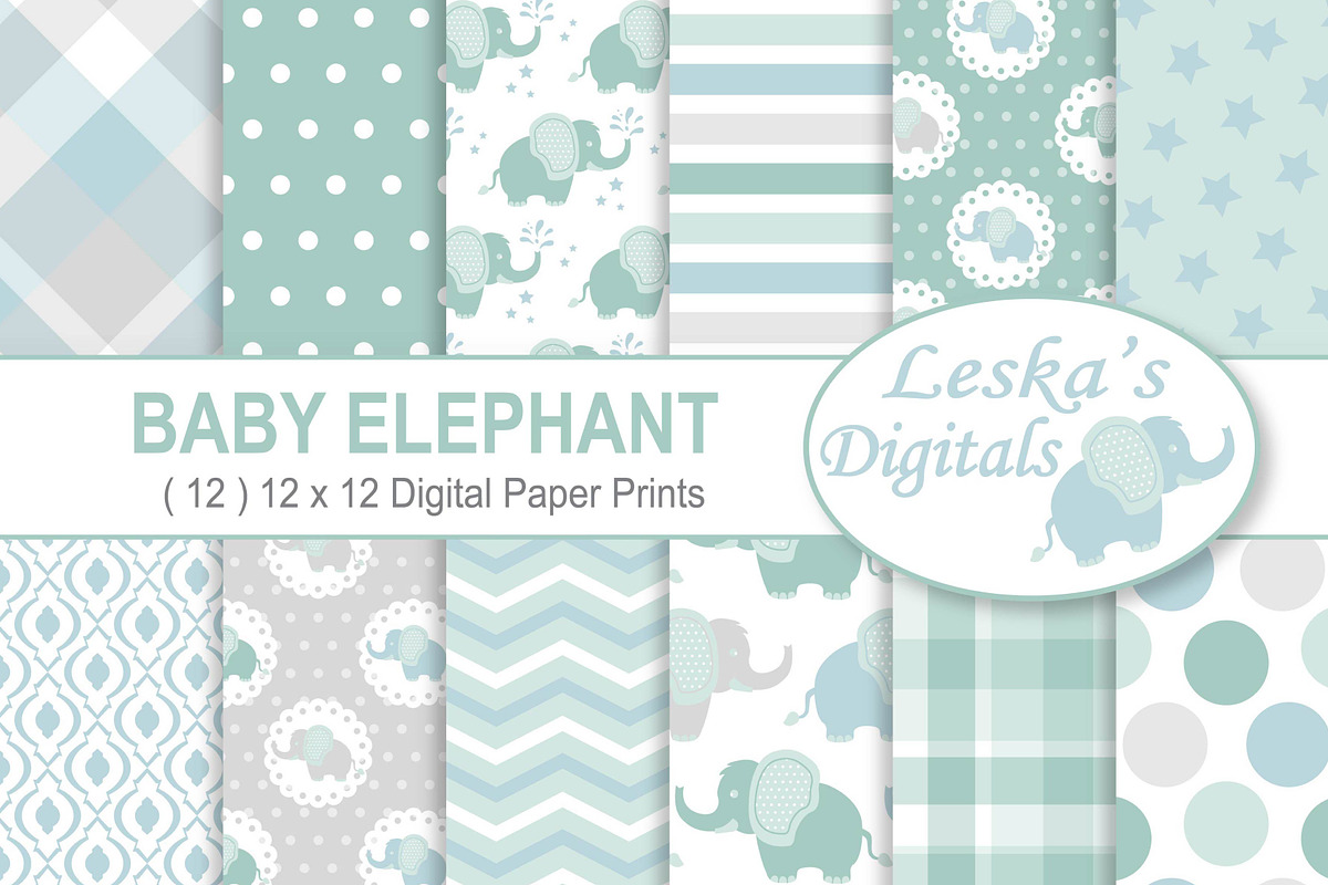 Baby Elephant Digital Paper Patterns, an Illustration by Leska's Digitals