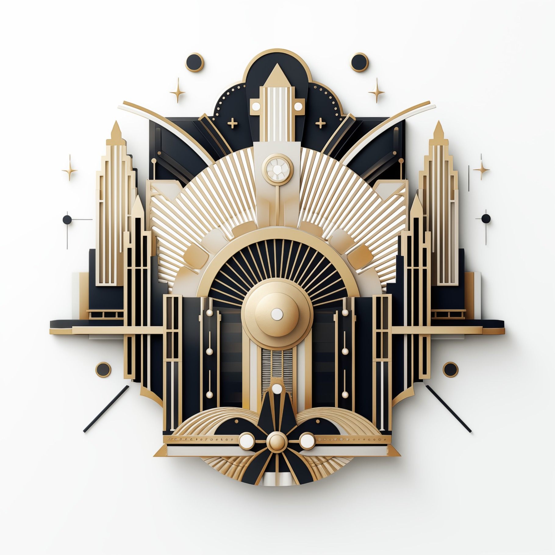 A stylized art deco design featuring geometric shapes, skyscrapers, and ...