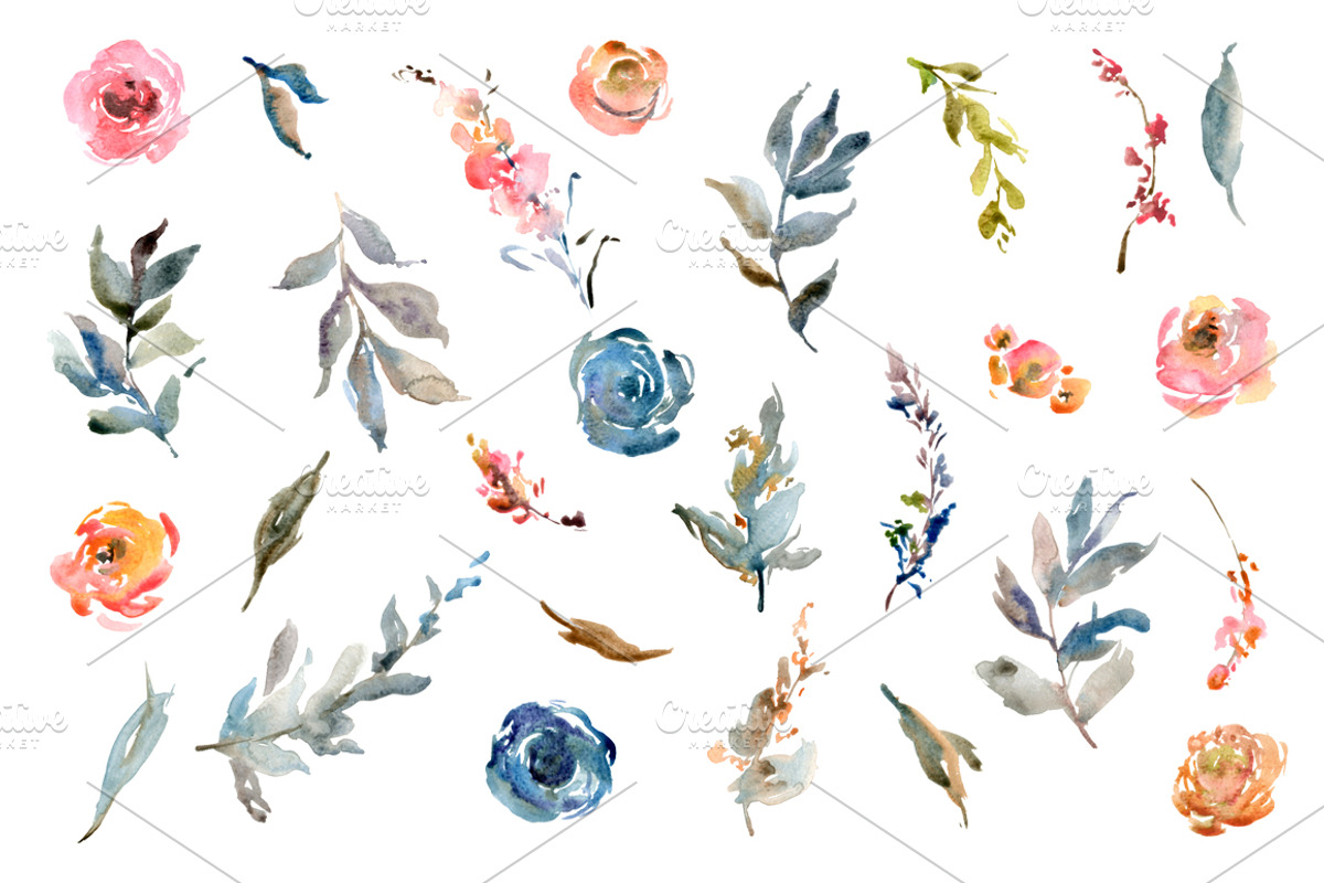 Watercolor Pink & Blue Flowers Png, an Illustration by GraphicsDish