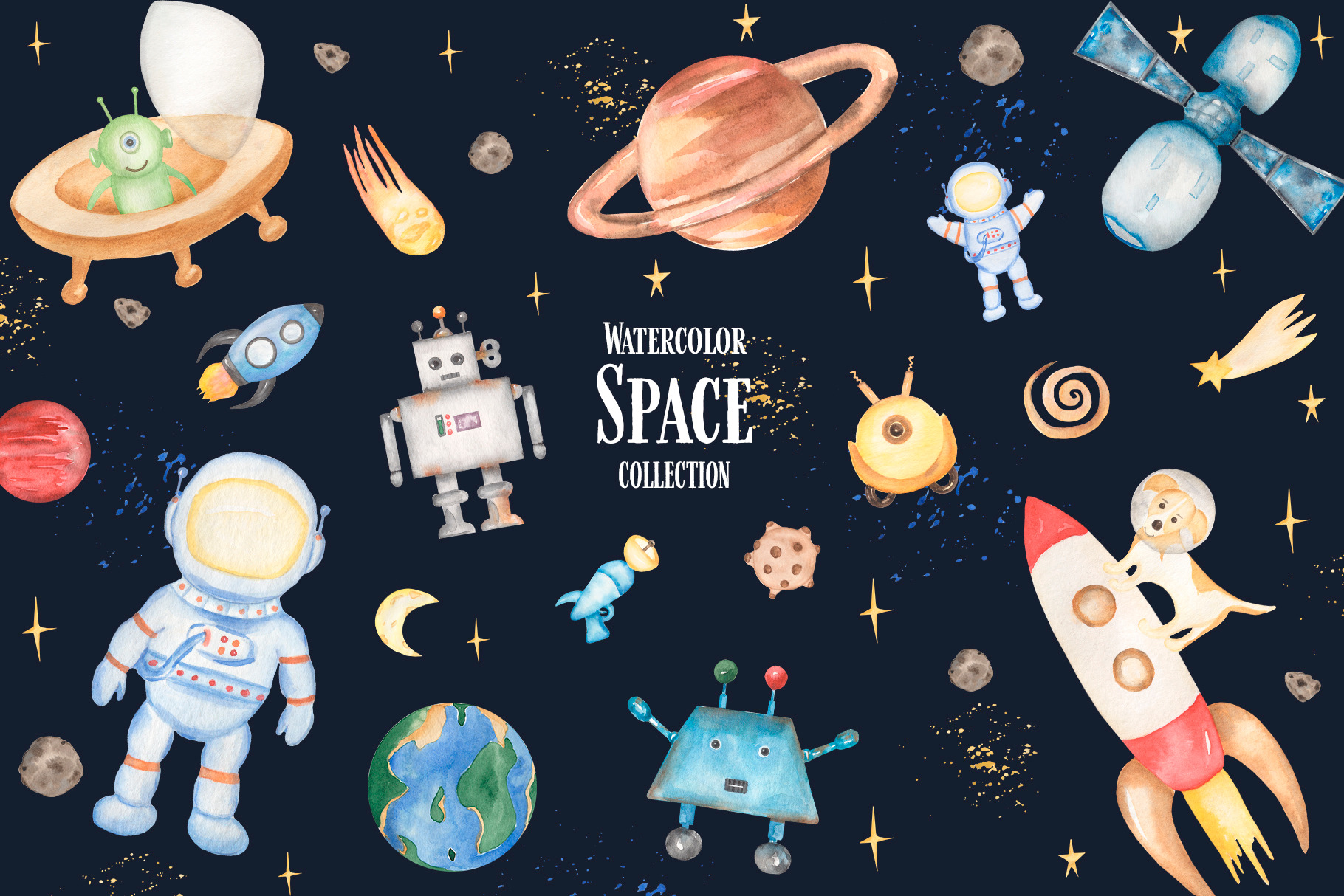 Watercolor Cute Space Collection, a Technology Illustration by MayaNavits