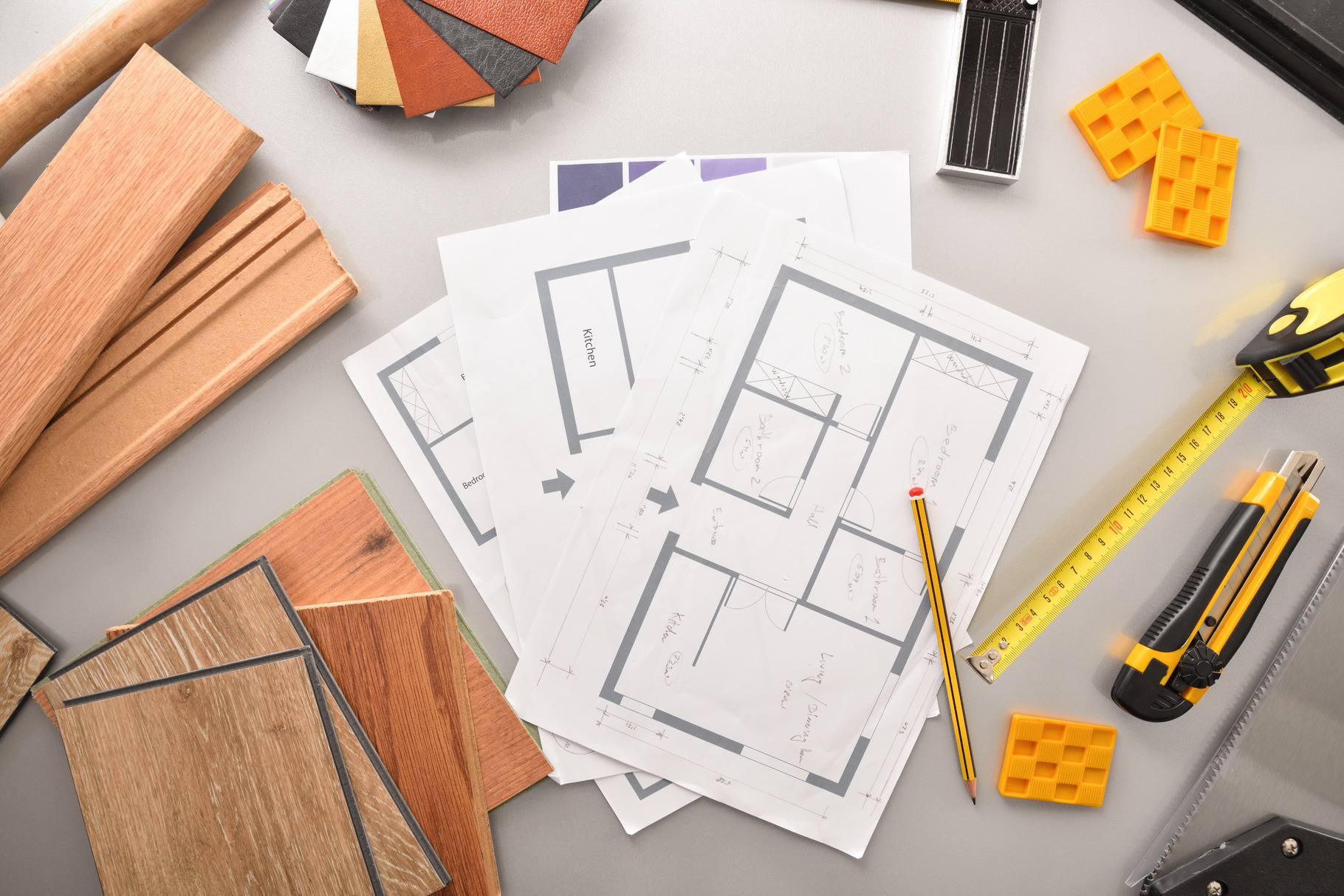 Work table of a decorator with wood materials top view, an Industrial ...