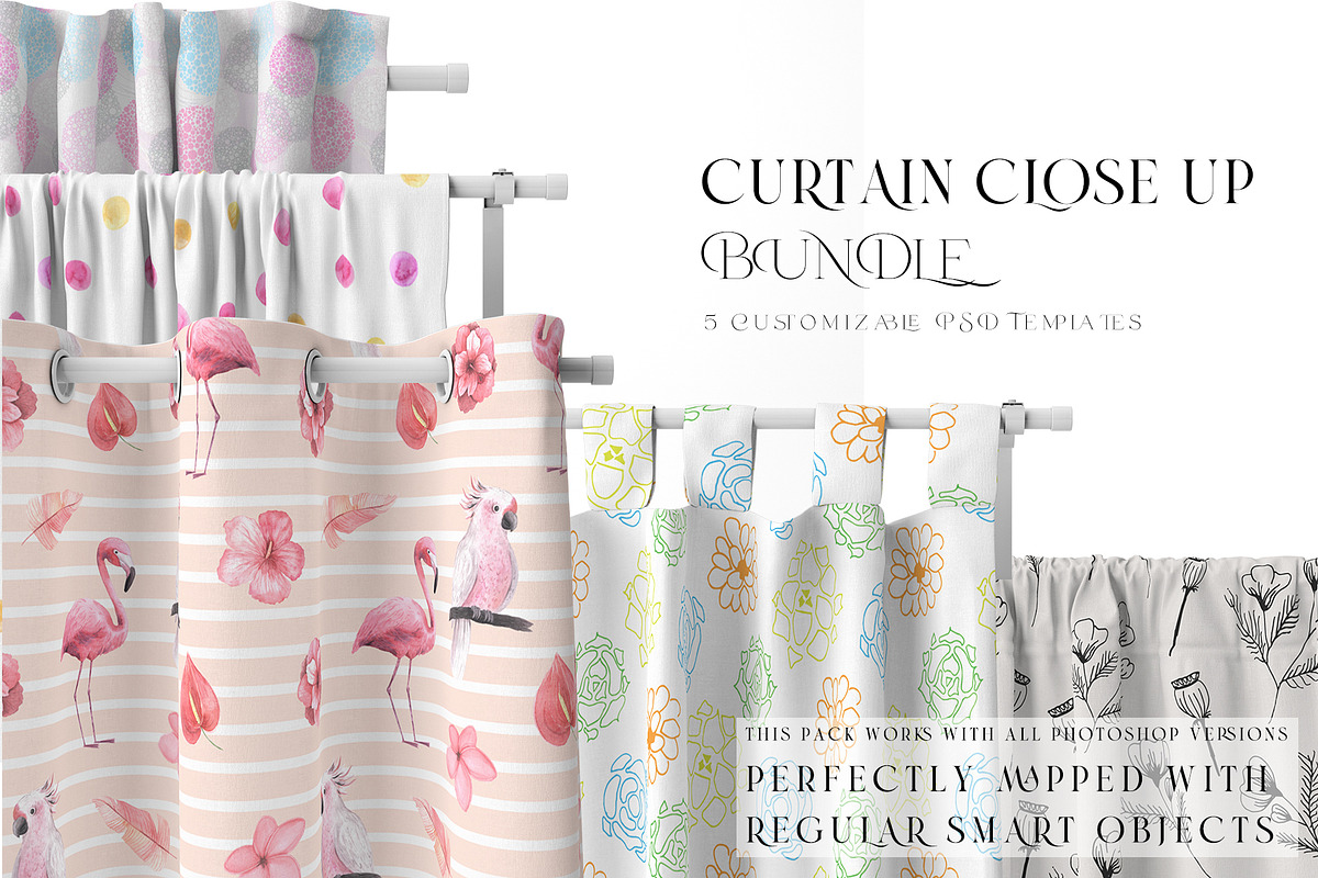 5 Curtains Bundle with Smart Objects, a Product Mockup by mock-ups