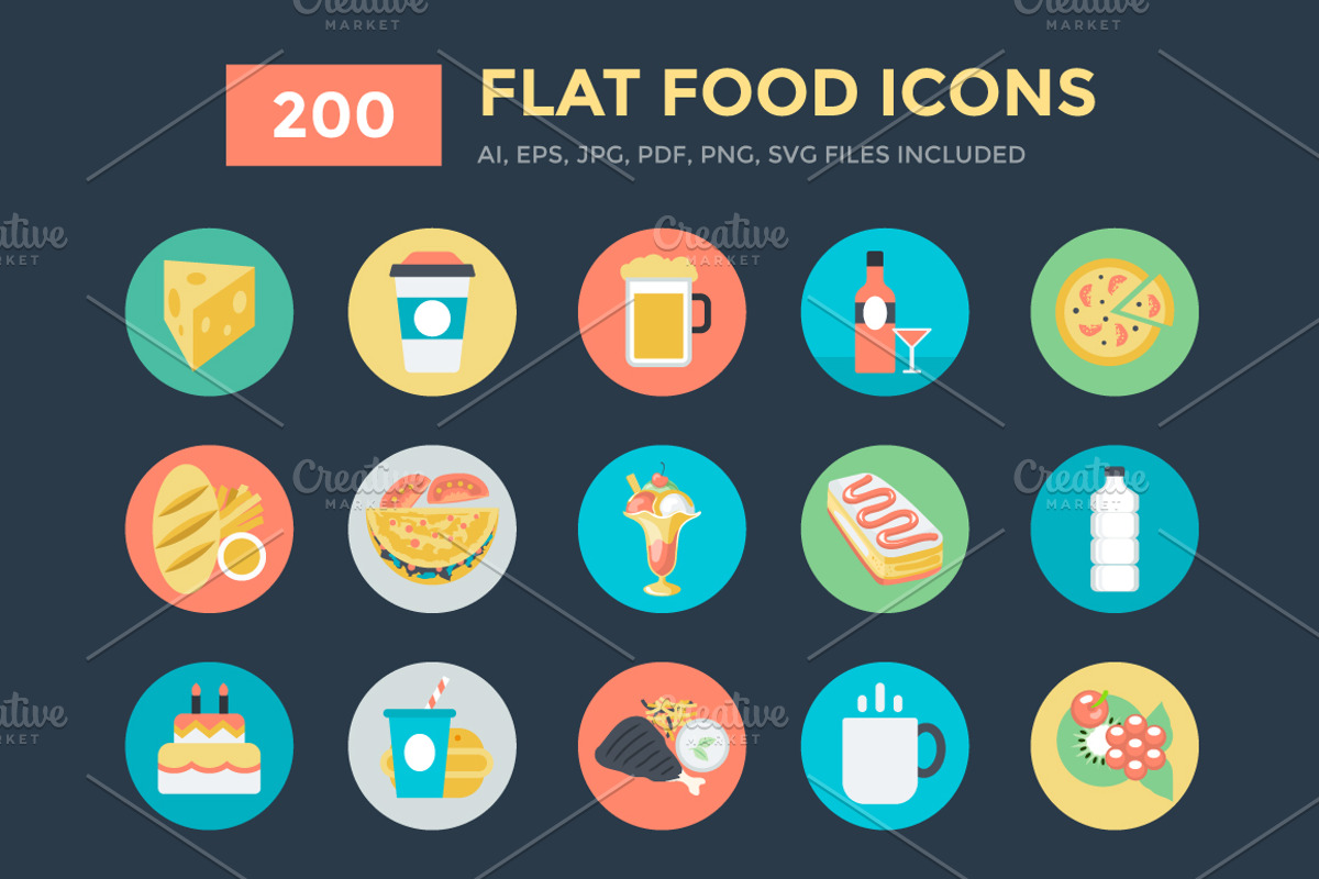 200 Flat Food Vector Icons, an Icon by Vectors Market