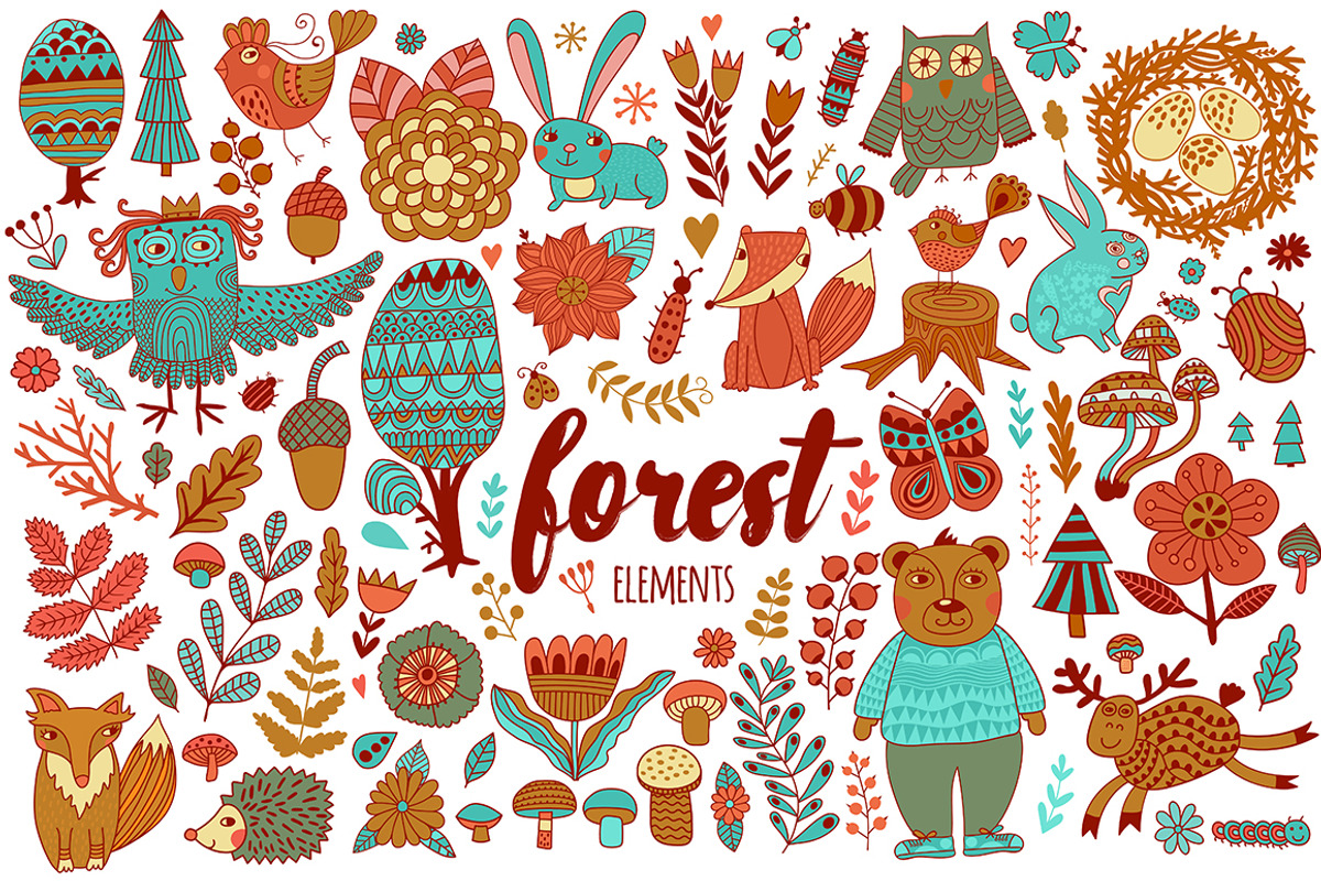 Forest handrawn doodle collection, an Animal Illustration by Markovka
