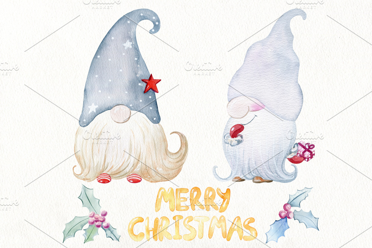 Christmas gnomes.Watercolor clipart., an Illustration by TaPilipa