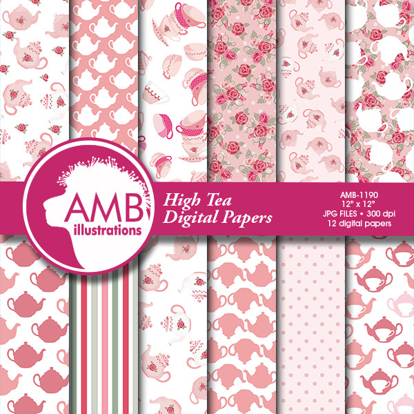 Tea Time Digital Papers AMB-1190, a Pattern Graphic by AMBillustrations