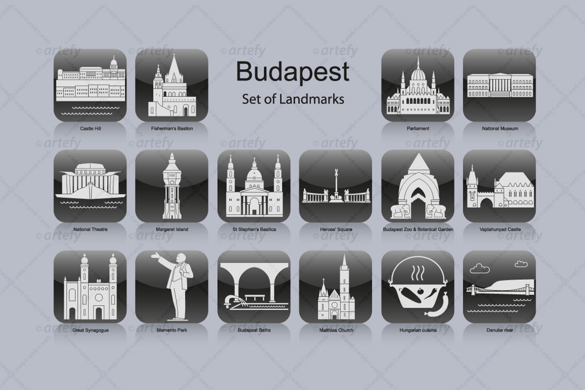 Budapest landmark icons (16x), an Icon by Artefy's Graphic Bar