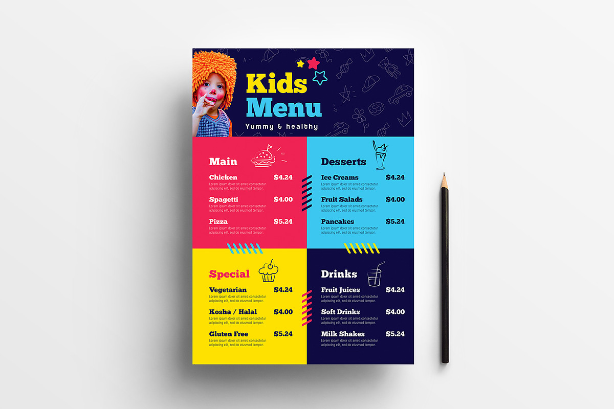 A4 Kid's Menu Template, a Flyer Template by BrandPacks