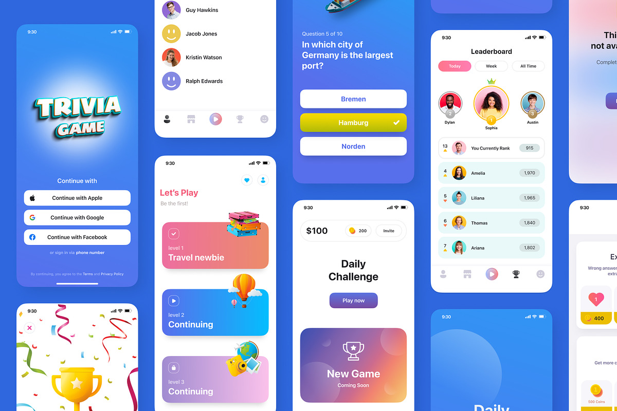 Quiz App, Trivia game UI Kit for Figma