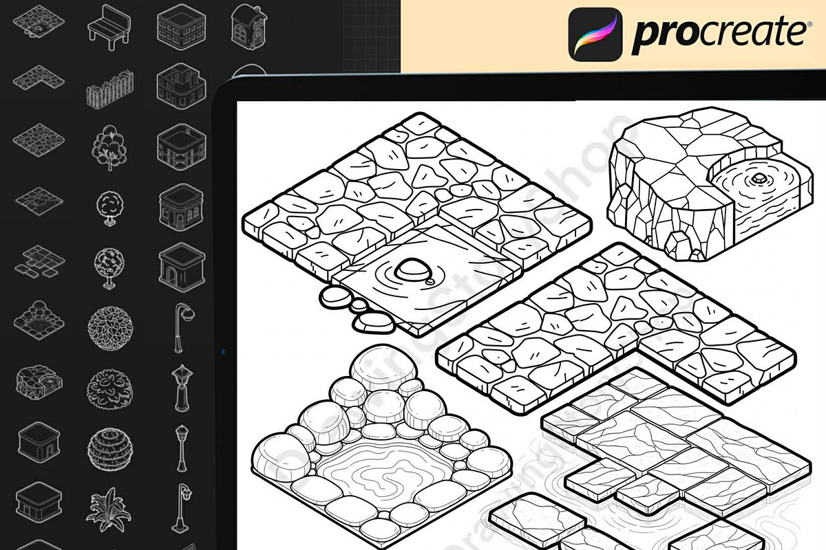 Procreate Isometric Buildings Stamp2, a Brush Add-On by DrawingStoryShop