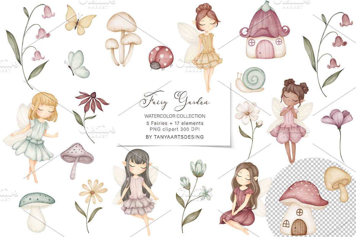 Fairy garden watercolor clipart | Creative Market