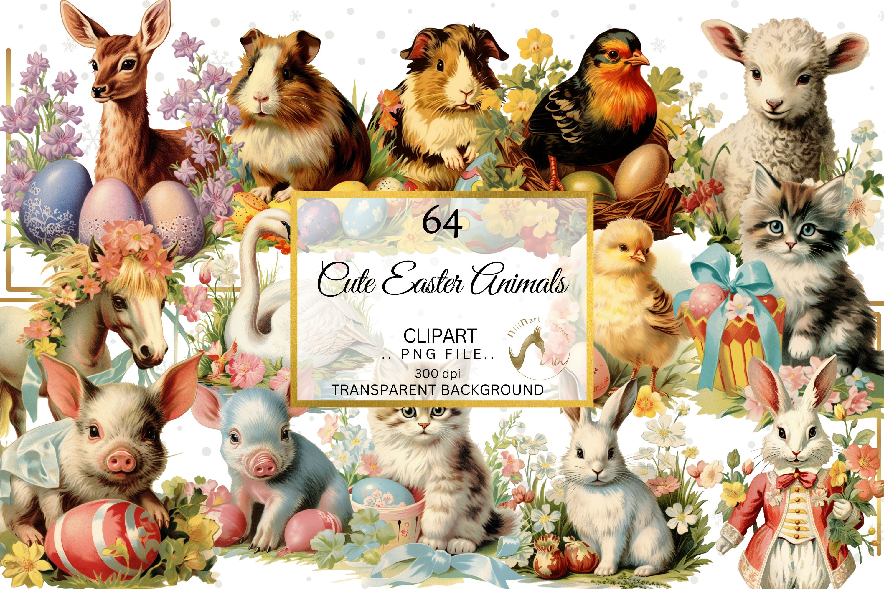 Vintage Easter Animal Clipart Bundle, an Illustration by NiiiNArt