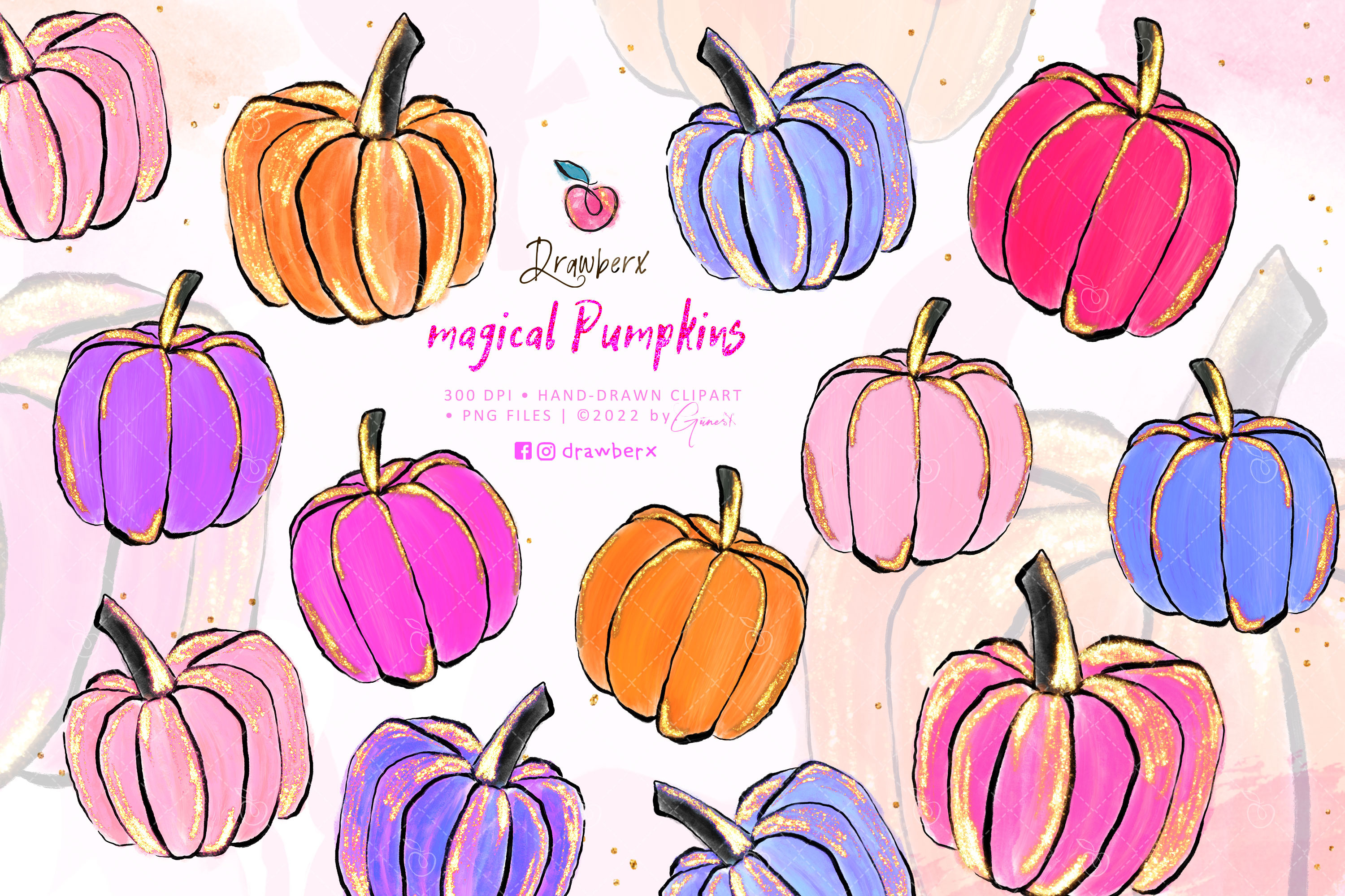 glam Fall Pumpkin Clipart doodle 015, an Illustration by Drawberx