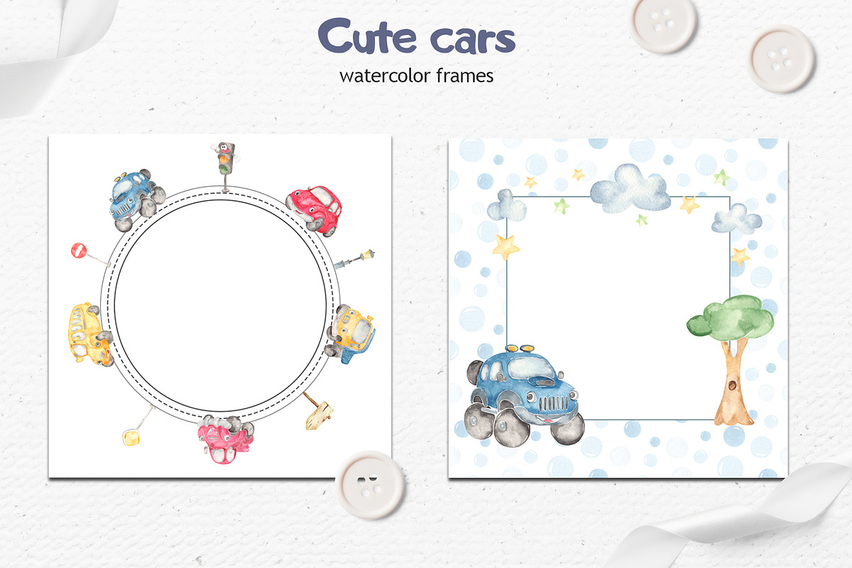 Cute cars Watercolor clipart, an Education Illustration by Marina Ermakova
