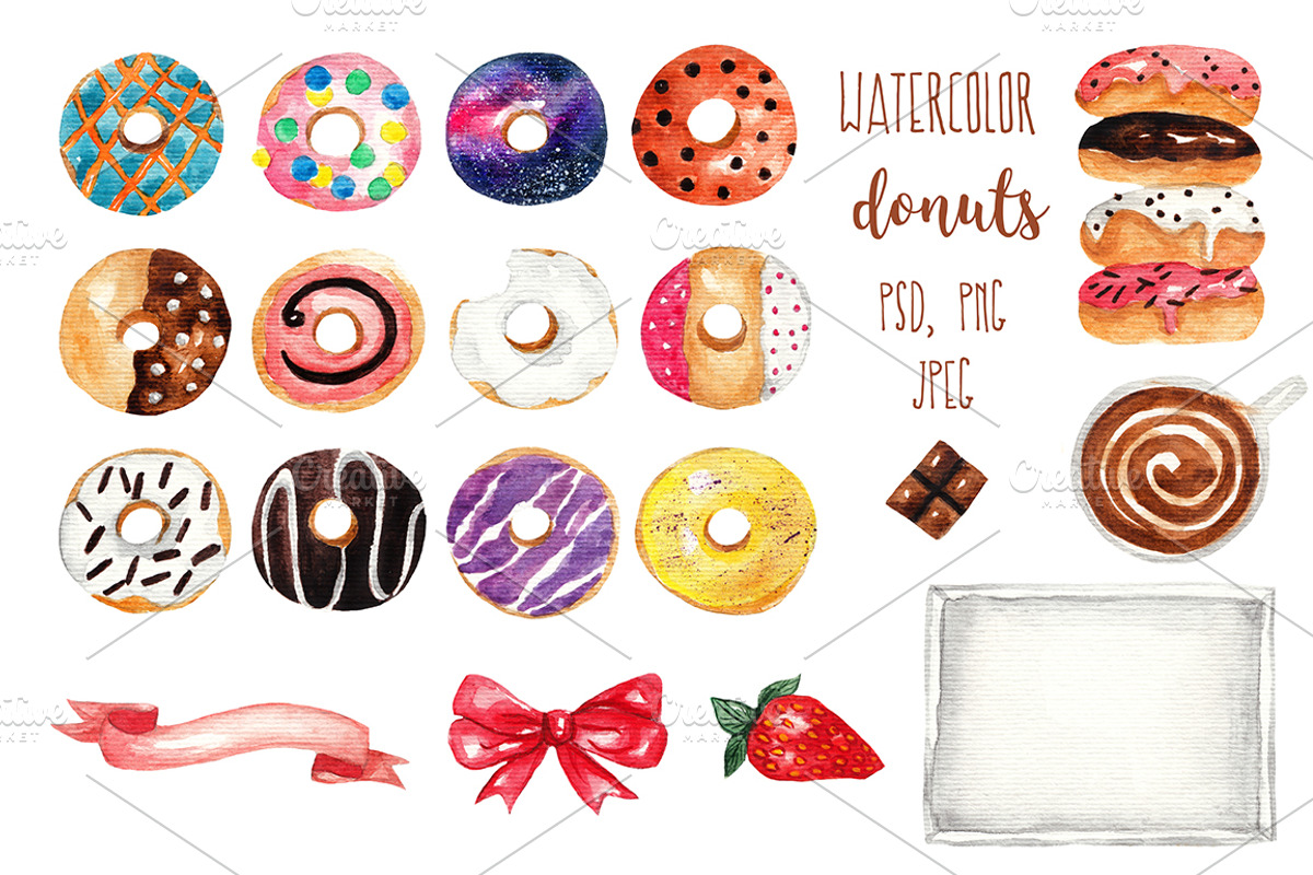 Watercolor donuts. PSD, PNG, JPEG, a Food Illustration by Scarlet Heath Art