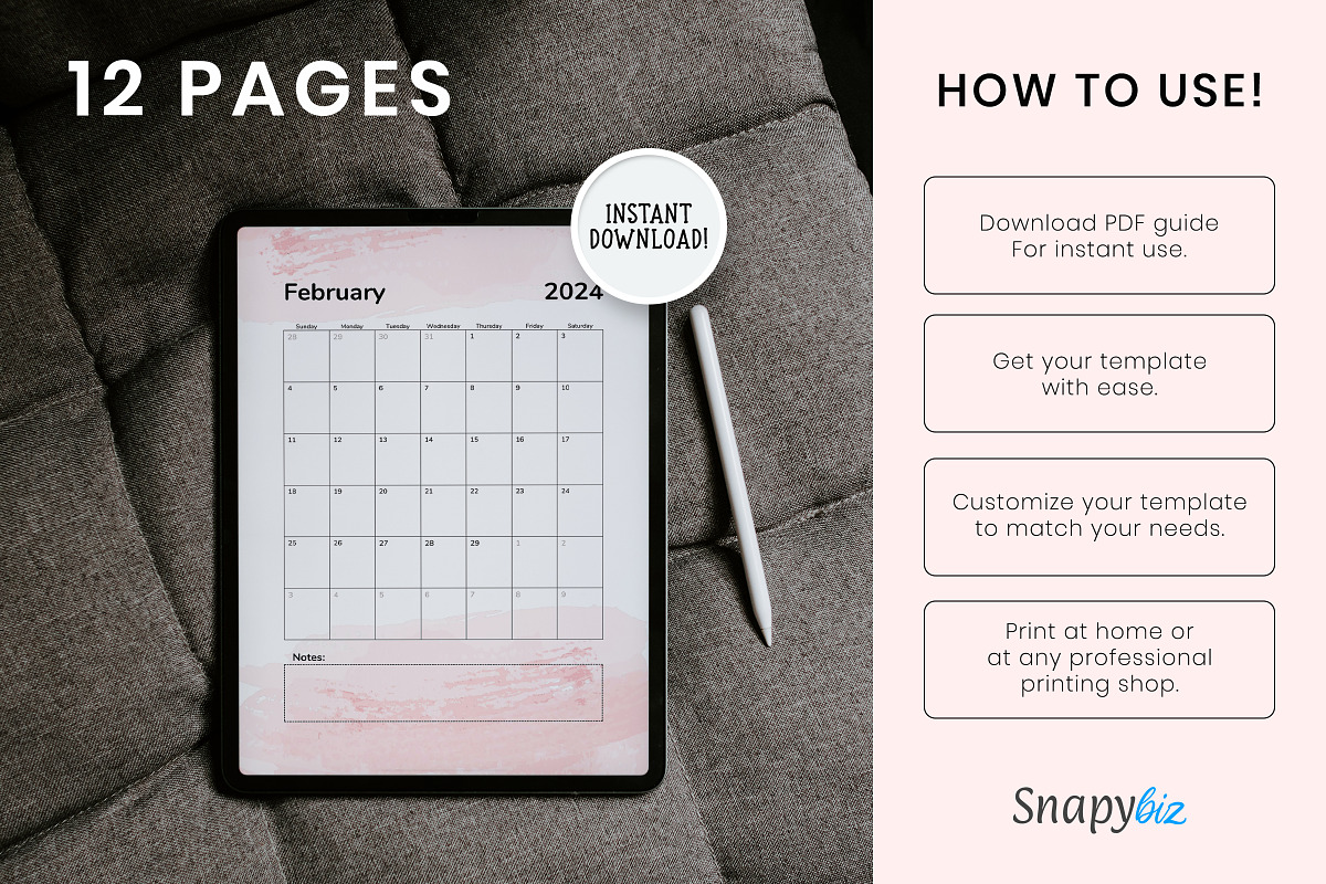Printable Calendar 2024, a Print Template by Snapybiz