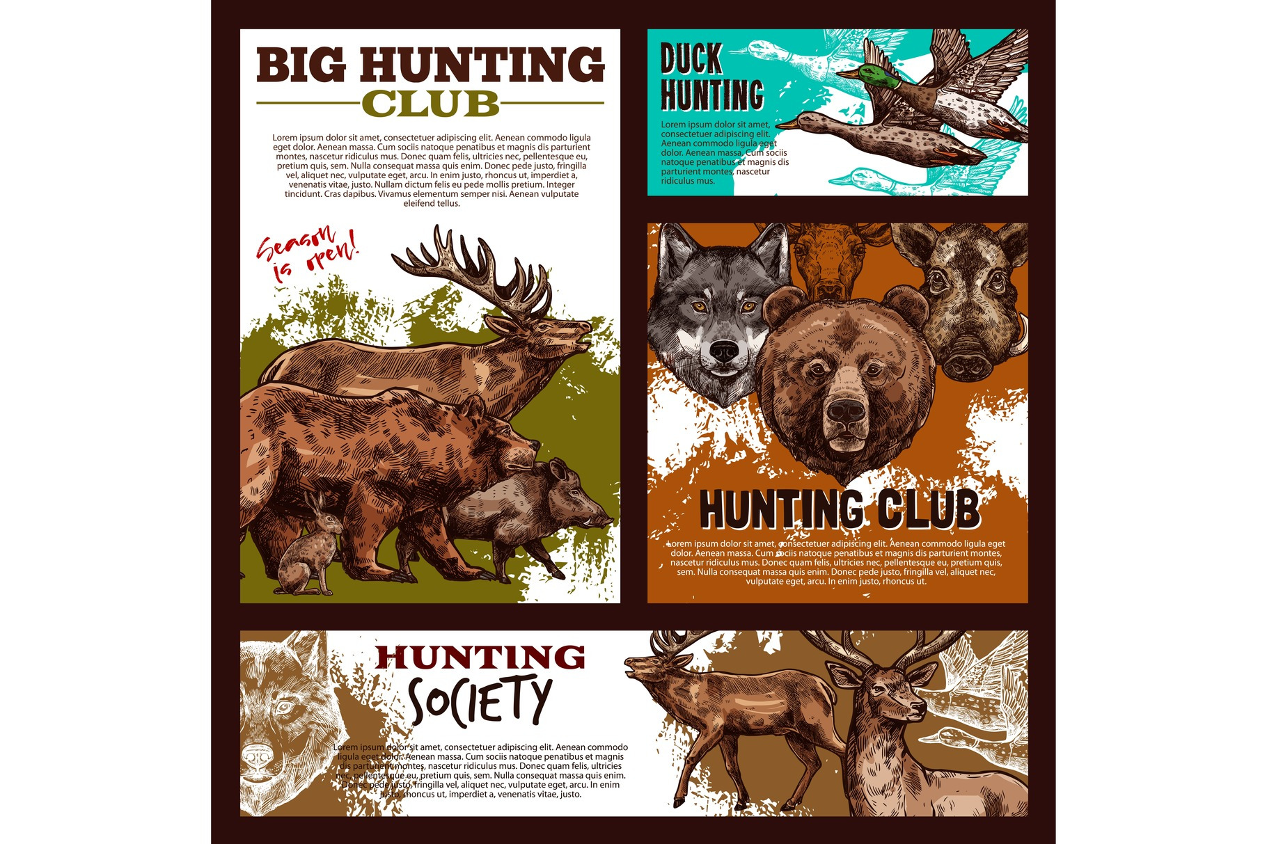 Hunting banner with wild animal and bird sketch, an Animal Illustration ...