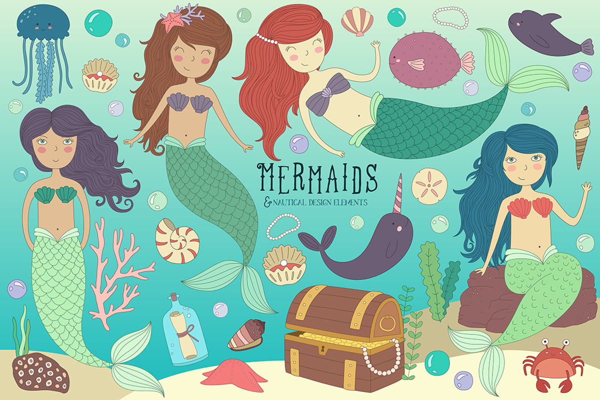 Mermaid & Sea Life Clipart Bundle, an Animal Illustration by Kenna Sato ...