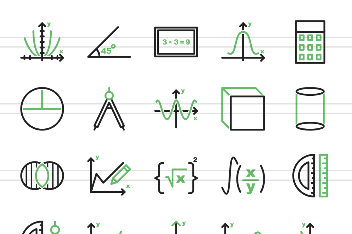50 Math Symbols Green & Black Icons, an Outline Icon by IconBunny