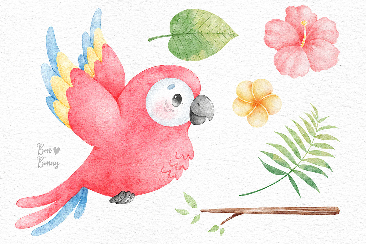 Cute Watercolor Parrots Clipart, an Animal Illustration by BonbonnyDesigns