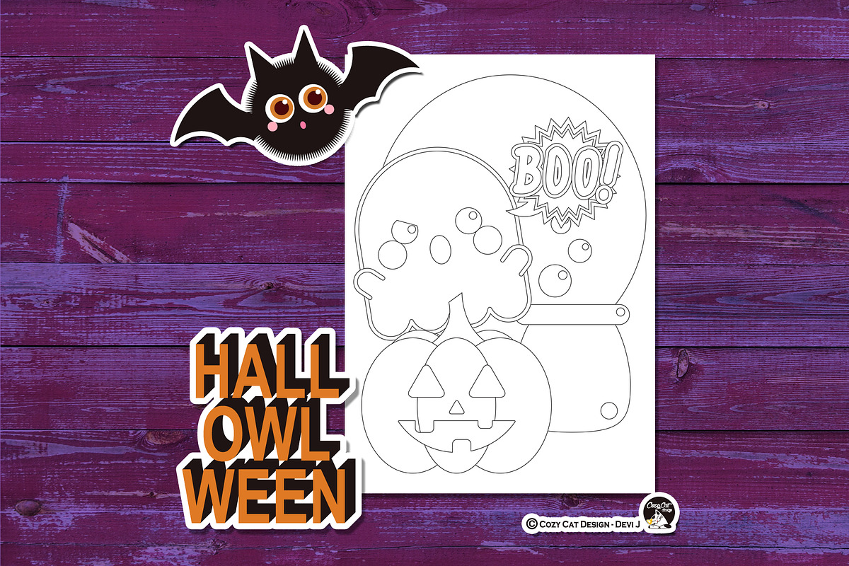 Owl Halloween Coloring Pages, an Illustration by Cozy Cat Design