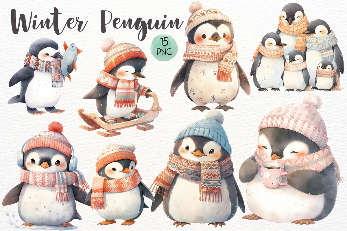 Winter Penguin Watercolor Clipart, an Animal Illustration by Maysa Art