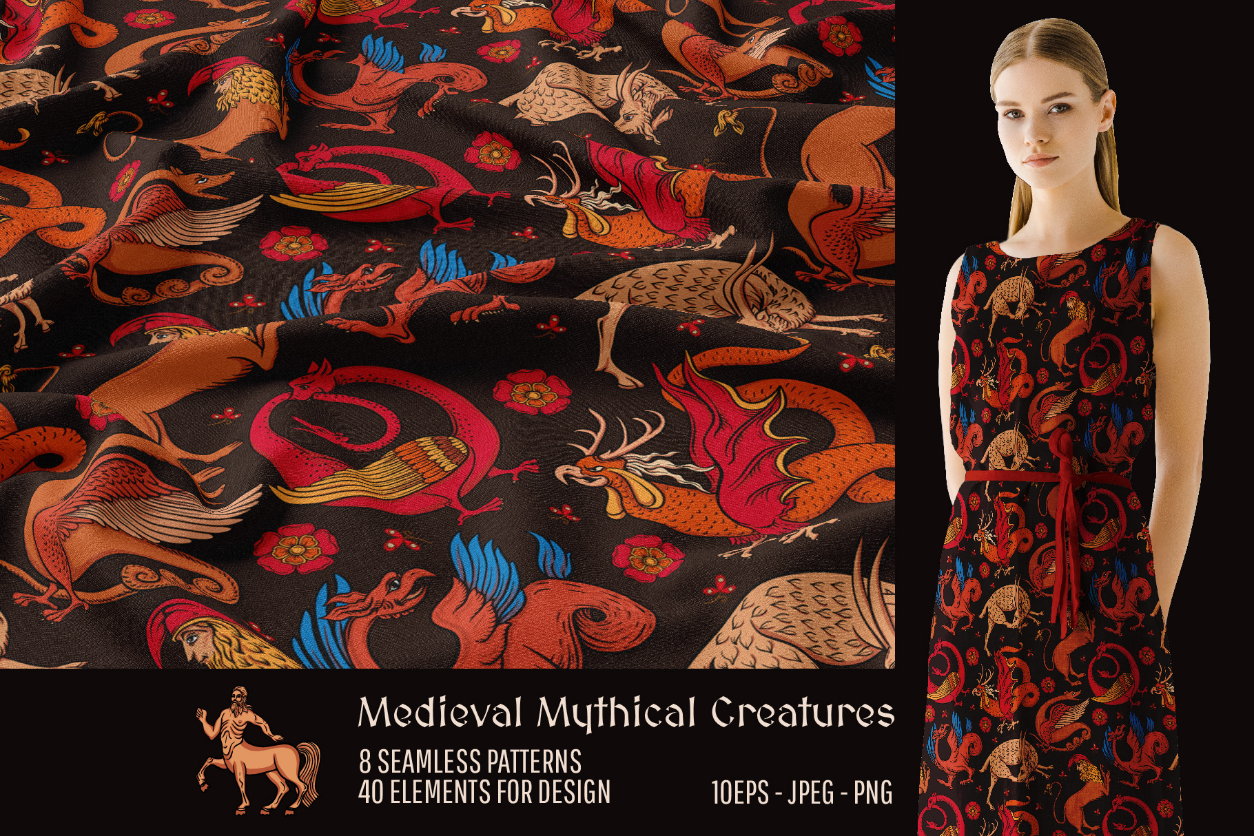 Medieval Mythical Creatures, a Pattern Graphic by Elen-Lane