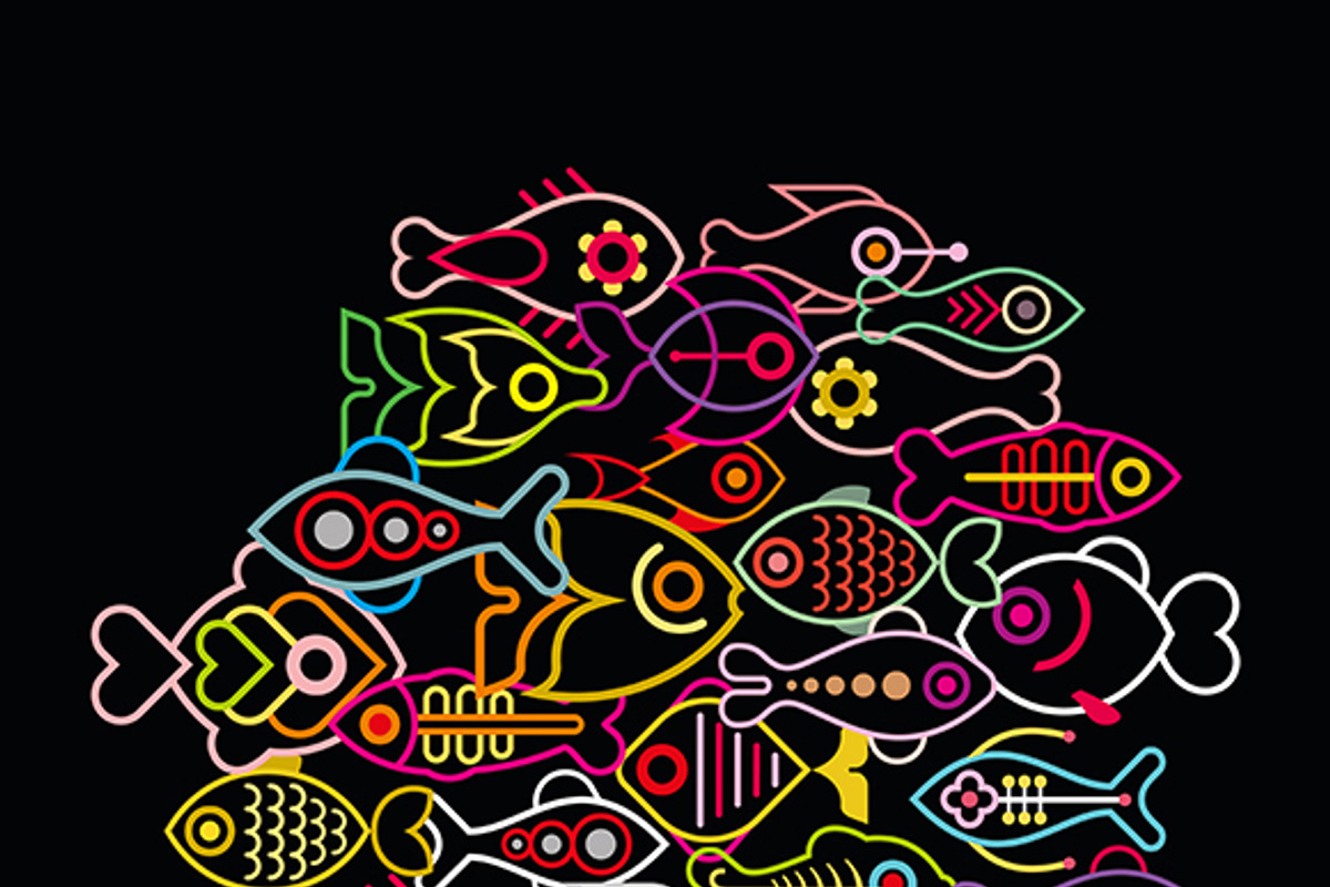 Fish icons on a black background, an Education Illustration by danjazzia