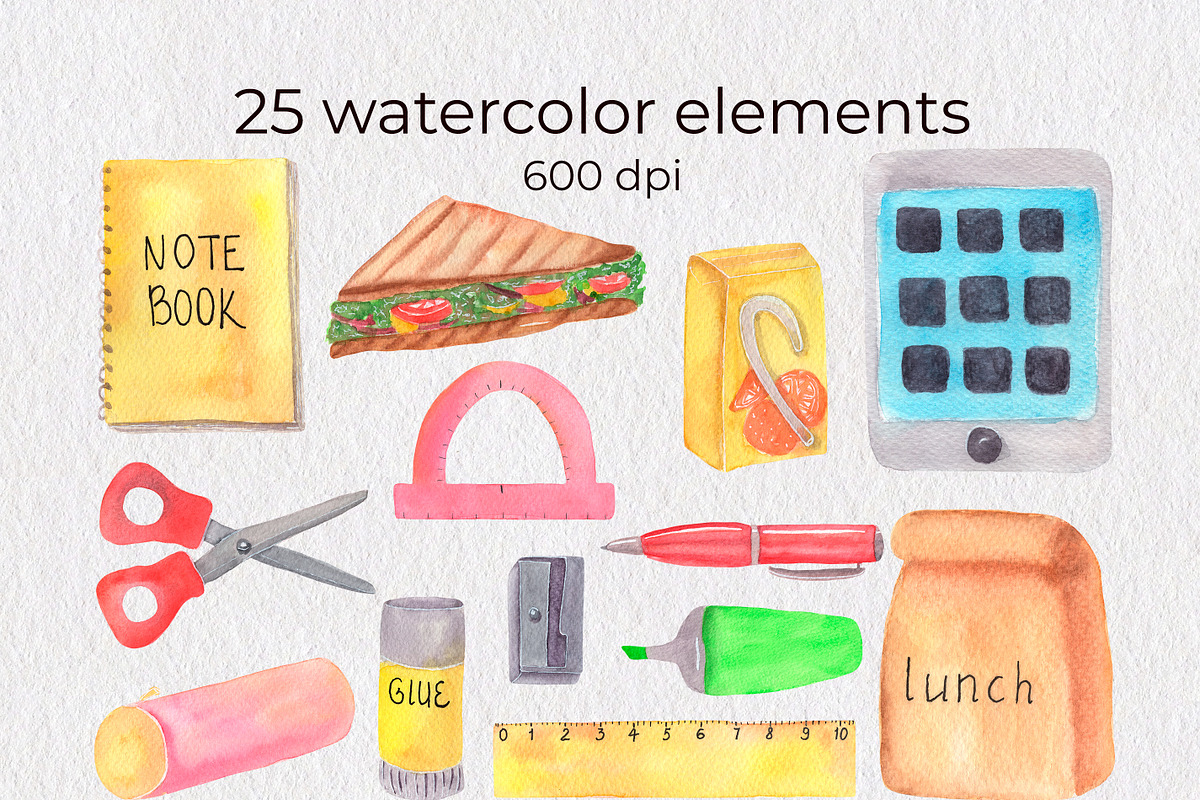 School supplies watercolor clipart, an Education Illustration by ...