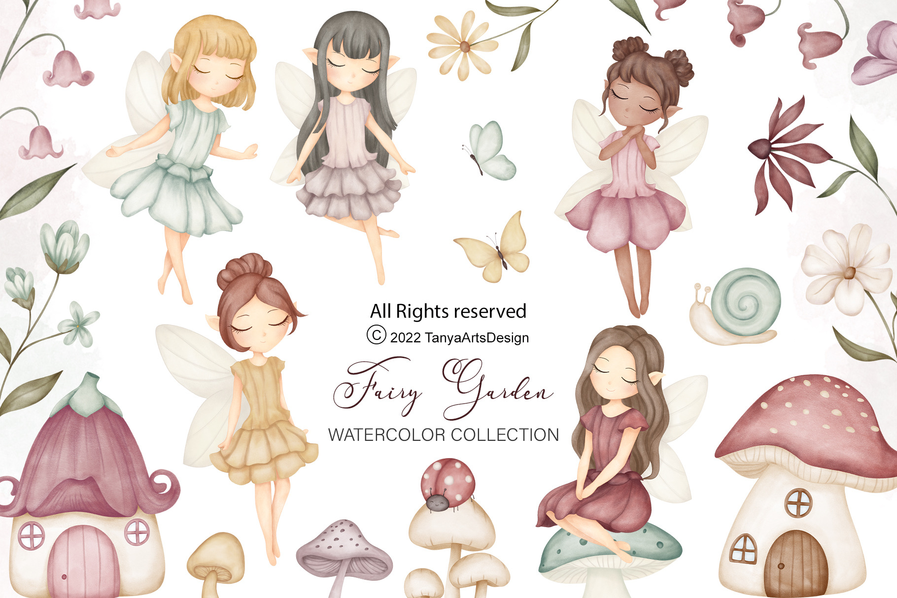 Fairy garden watercolor clipart | Creative Market