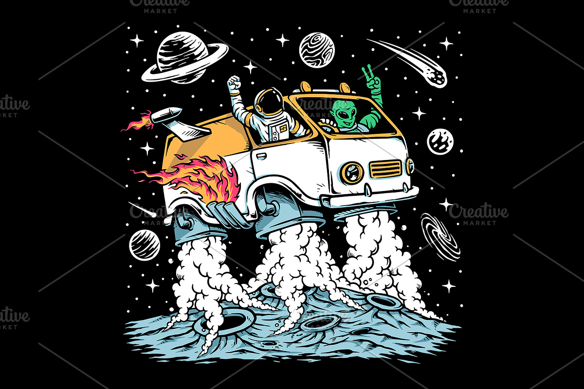 Astronaut and alien drive space car, a Person Illustration by gunaonedesign