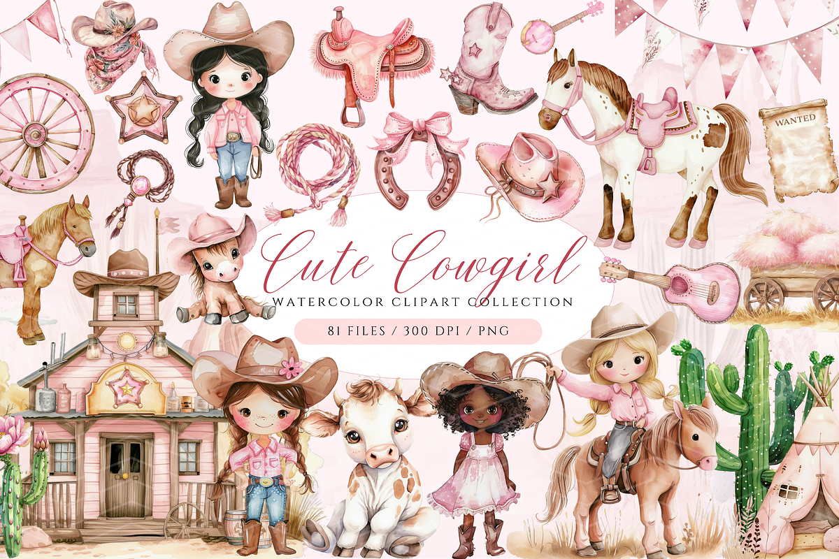 Cute Pink Cowgirl Clipart Set, a Person Illustration by ClipArtCharm
